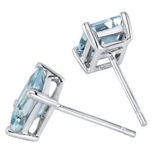 Peora Solid 14K White Gold Blue Aquamarine Earrings for Women, Genuine Gemstone Birthstone Solitaire Studs, 7x5mm Emerald Cut, 1.75 Carats total, Friction Back