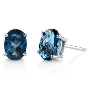 peora 14k white gold london blue topaz earrings for women, natural gemstone classic solitaire studs, 7x5mm oval shape, 2 carats total, friction back