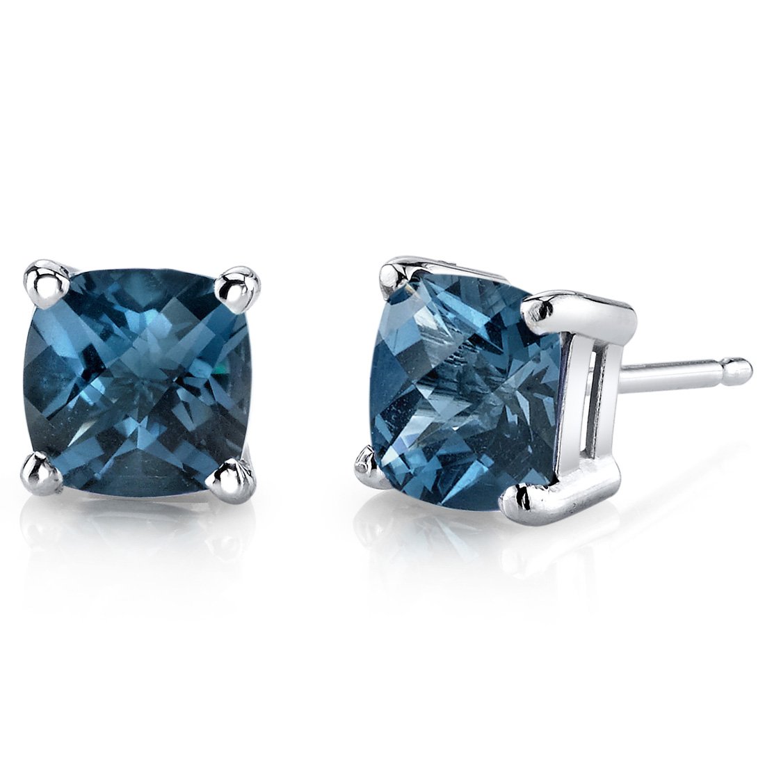 Peora 14K White Gold London Blue Topaz Earrings for Women, Genuine Gemstone Birthstone, Cushion Cut 6mm, 2.25 Carats total, Friction Back