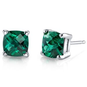 peora created emerald stud earrings for women in 14k white gold, classic solitaire, cushion cut 6mm, 1.75 carats total, friction back