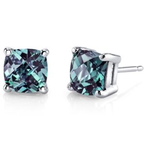 peora 14k white gold created alexandrite stud earrings for women, hypoallergenic color-changing solitaire, 2.50 carats total cushion cut 6mm, aaa grade, friction backs