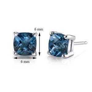 Peora 14K White Gold London Blue Topaz Earrings for Women, Genuine Gemstone Birthstone, Cushion Cut 6mm, 2.25 Carats total, Friction Back