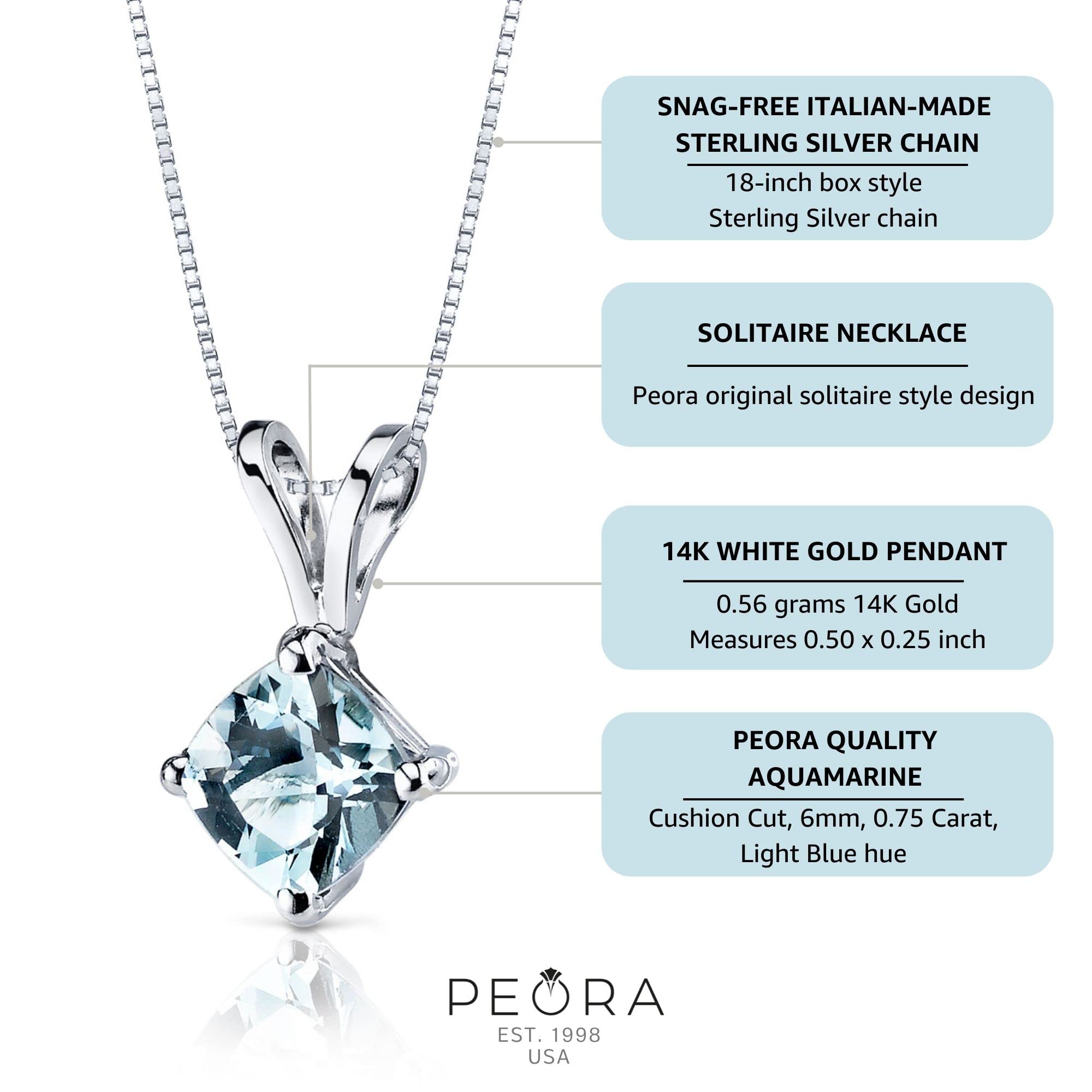 PEORA Solid 14K White Gold Aquamarine Pendant for Women, Genuine Gemstone Birthstone Solitaire, 0.75 Carat Cushion Cut, 6mm