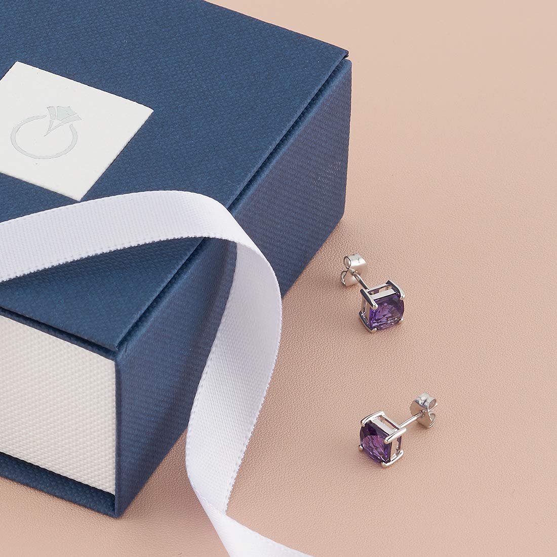 Peora Solid 14K White Gold Amethyst Stud Earrings for Women, Genuine Gemstone Birthstone, Hypoallergenic Solitaire, 6mm Cushion Cut, AAA Grade, 1.75 Carats total, Friction Back