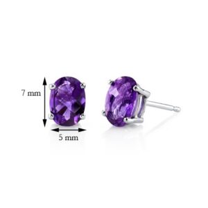 Peora Solid 14K White Gold Amethyst Earrings for Women, Genuine Gemstone Birthstone Solitaire Studs, 7x5mm Oval Shape, 1.50 Carats total, Friction Back