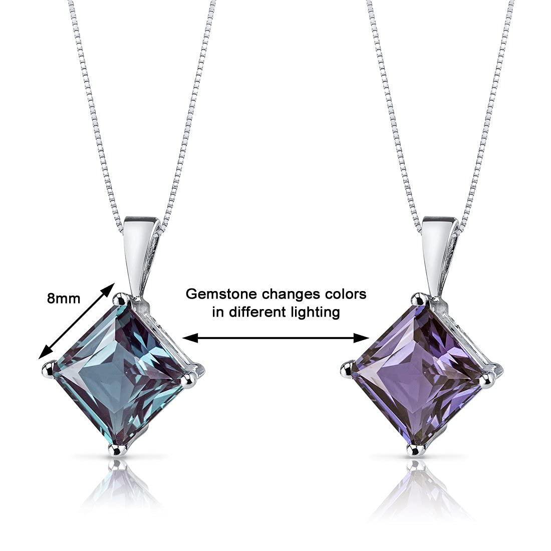 PEORA Created Alexandrite Pendant for Women 14K White Gold, Classic Solitaire, Color-Changing 3 Carats Princess Cut, 8mm