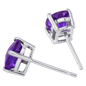 Peora Solid 14K White Gold Amethyst Earrings for Women, Genuine Gemstone Birthstone Solitaire Studs, 7x5mm Oval Shape, 1.50 Carats total, Friction Back