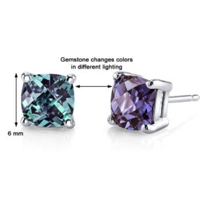 Peora 14K White Gold Created Alexandrite Stud Earrings for Women, Hypoallergenic Color-Changing Solitaire, 2.50 Carats total Cushion Cut 6mm, AAA Grade, Friction Backs