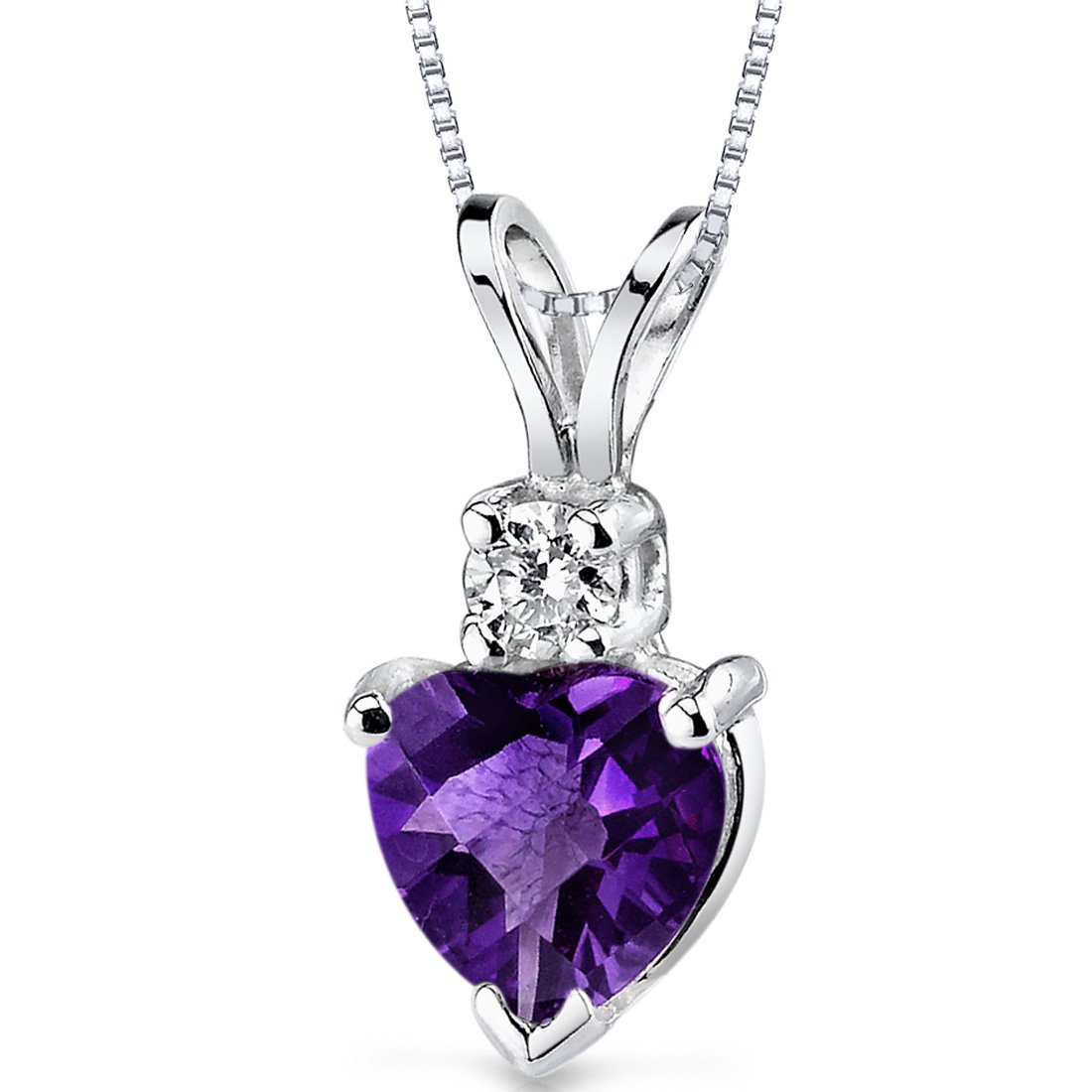 PEORA Amethyst with Diamond Heart Pendant for Women 14K White Gold, Genuine Gemstone Birthstone Heart Shape Solitaire, 6mm, 0.80 Carat total with Chain