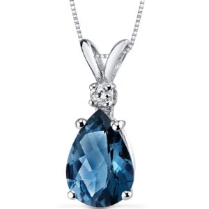 peora london blue topaz with diamond pendant for women 14k white gold, natural gemstone birthstone teardrop solitaire, pear shape, 10x7mm, 2 carats total