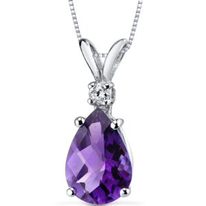 peora 14k white gold amethyst and diamond pendant for women, genuine gemstone birthstone teardrop solitaire, 1.60 carats pear shape 10x7mm