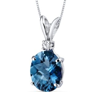 peora london blue topaz with diamond solitaire pendant for women 14k white gold, genuine gemstone birthstone, 3 carats oval shape 10x8mm