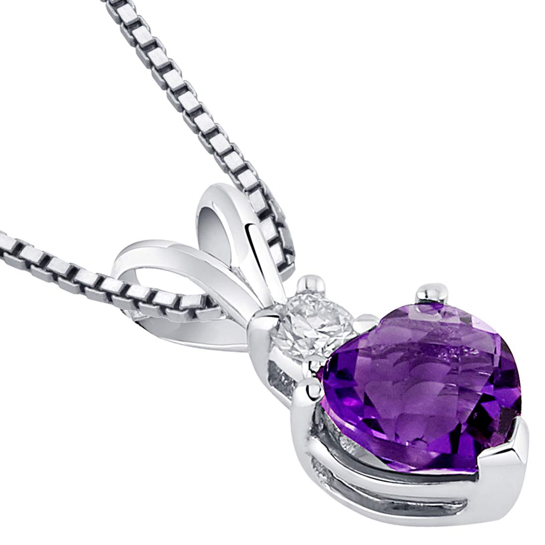 PEORA Amethyst with Diamond Heart Pendant for Women 14K White Gold, Genuine Gemstone Birthstone Heart Shape Solitaire, 6mm, 0.80 Carat total with Chain