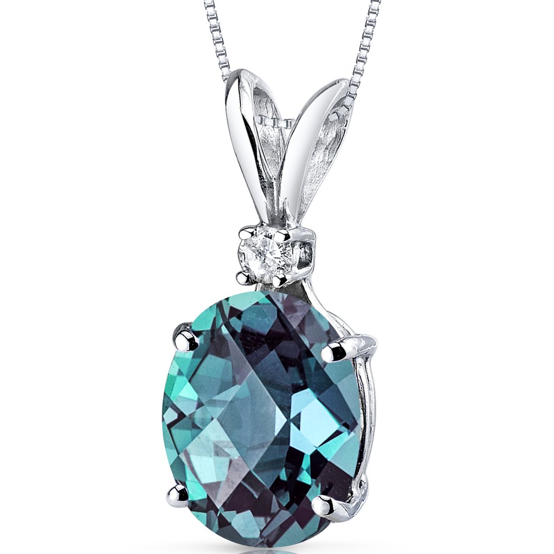 PEORA Created Alexandrite with Genuine Diamond Pendant 14K White Gold, Color-Changing Solitaire, 3.30 Carats Oval Shape 10x8mm