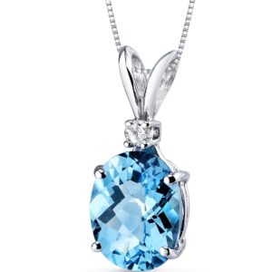 peora 14k white gold swiss blue topaz and diamond pendant for women, genuine gemstone birthstone solitaire, 3 carats total oval shape 10x8mm