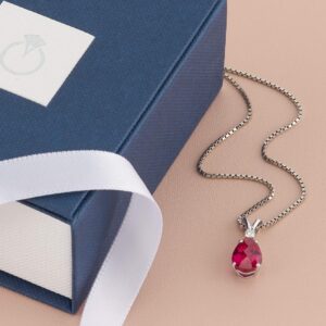 PEORA 14K White Gold 2.50 Carats Created Ruby with Genuine Diamond Pendant, Elegant Teardrop Solitaire, AAA Grade Pear Shape 10x7mm