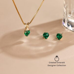 Peora Created Emerald with Genuine Diamond Pendant in 14K White Gold, Elegant Solitaire, Oval Shape, 10x8mm, 2.35 Carats total