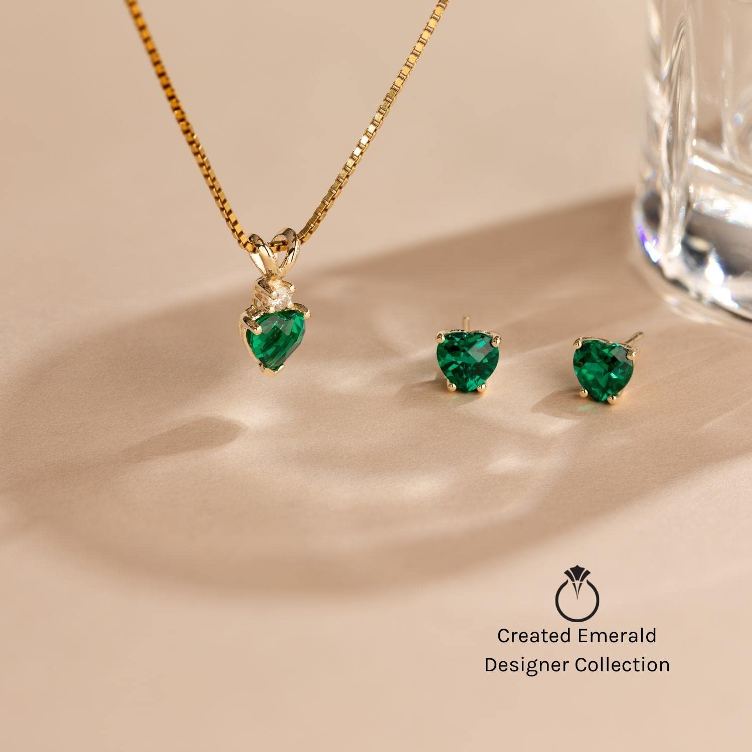 Peora Created Emerald with Genuine Diamond Pendant in 14K White Gold, Elegant Solitaire, Oval Shape, 10x8mm, 2.35 Carats total