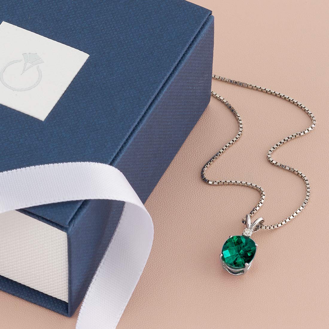 Peora Created Emerald with Genuine Diamond Pendant in 14K White Gold, Elegant Solitaire, Oval Shape, 10x8mm, 2.35 Carats total