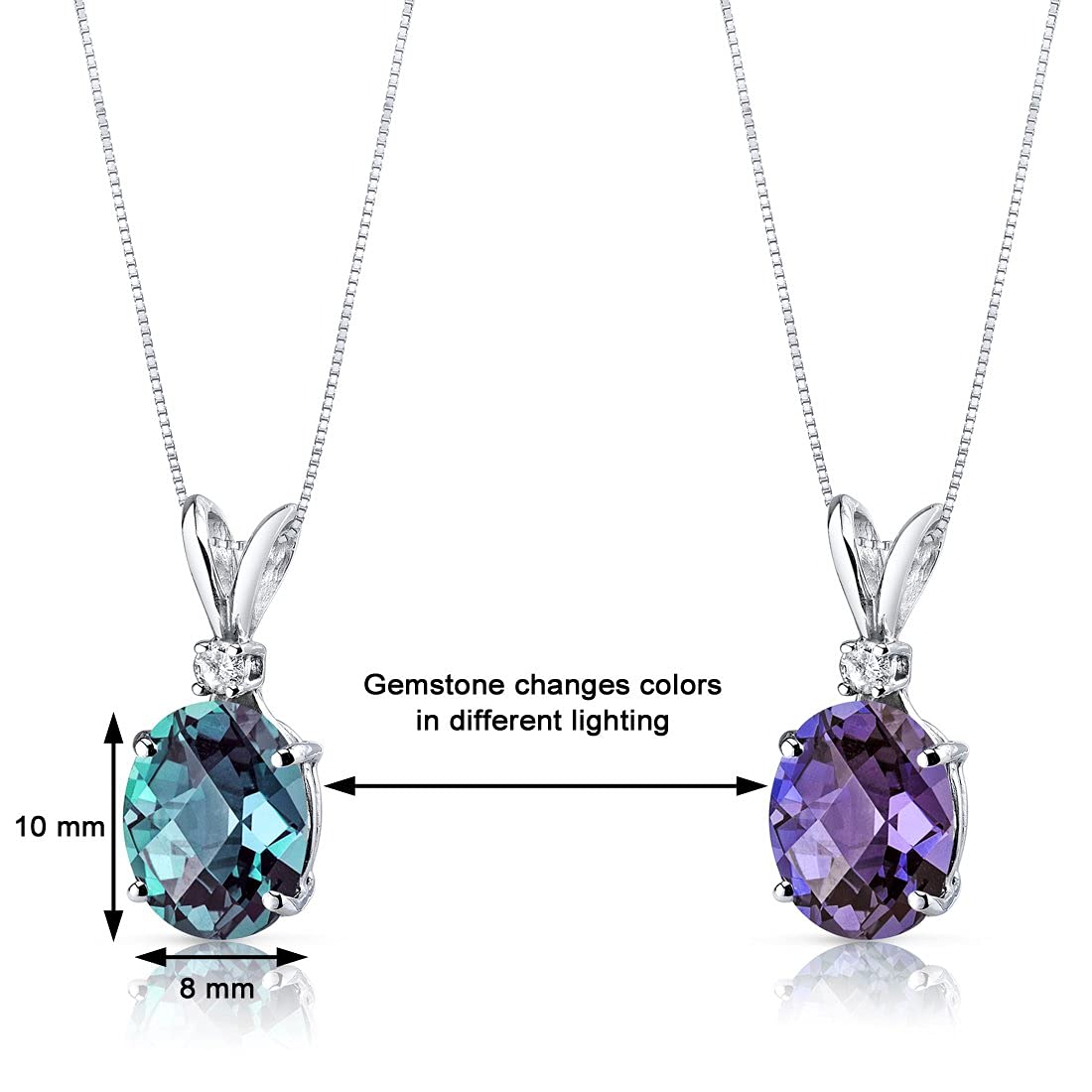 PEORA Created Alexandrite with Genuine Diamond Pendant 14K White Gold, Color-Changing Solitaire, 3.30 Carats Oval Shape 10x8mm