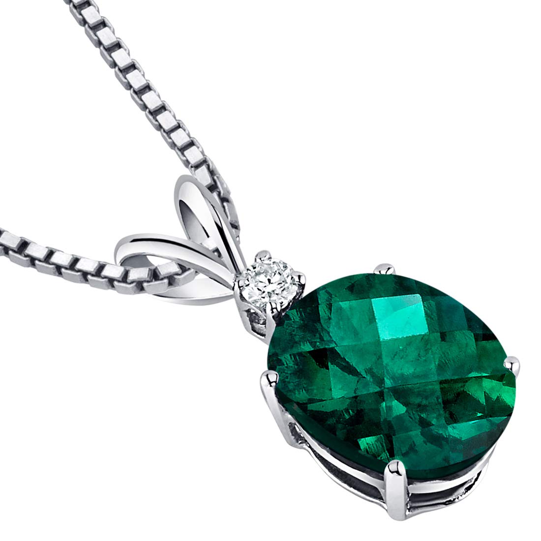 Peora Created Emerald with Genuine Diamond Pendant in 14K White Gold, Elegant Solitaire, Oval Shape, 10x8mm, 2.35 Carats total