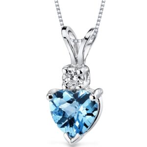 peora 14k white gold swiss blue topaz and diamond pendant for women, genuine gemstone birthstone, aaa grade heart shape solitaire, 6mm, 1 carat total