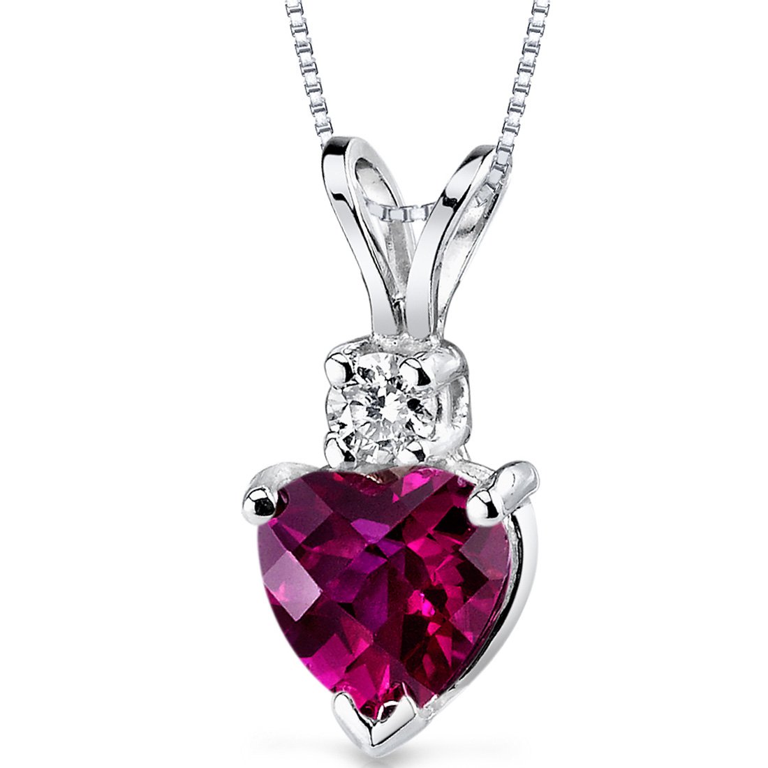 PEORA Solid 14K White Gold Created Ruby with Genuine Diamond Pendant for Women, Heart Shape, 1.17 Carats total