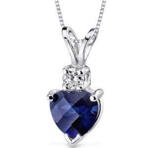 peora solid 14k white gold created blue sapphire with genuine diamond pendant for women, heart shape solitaire, 6mm, 1.20 carats total