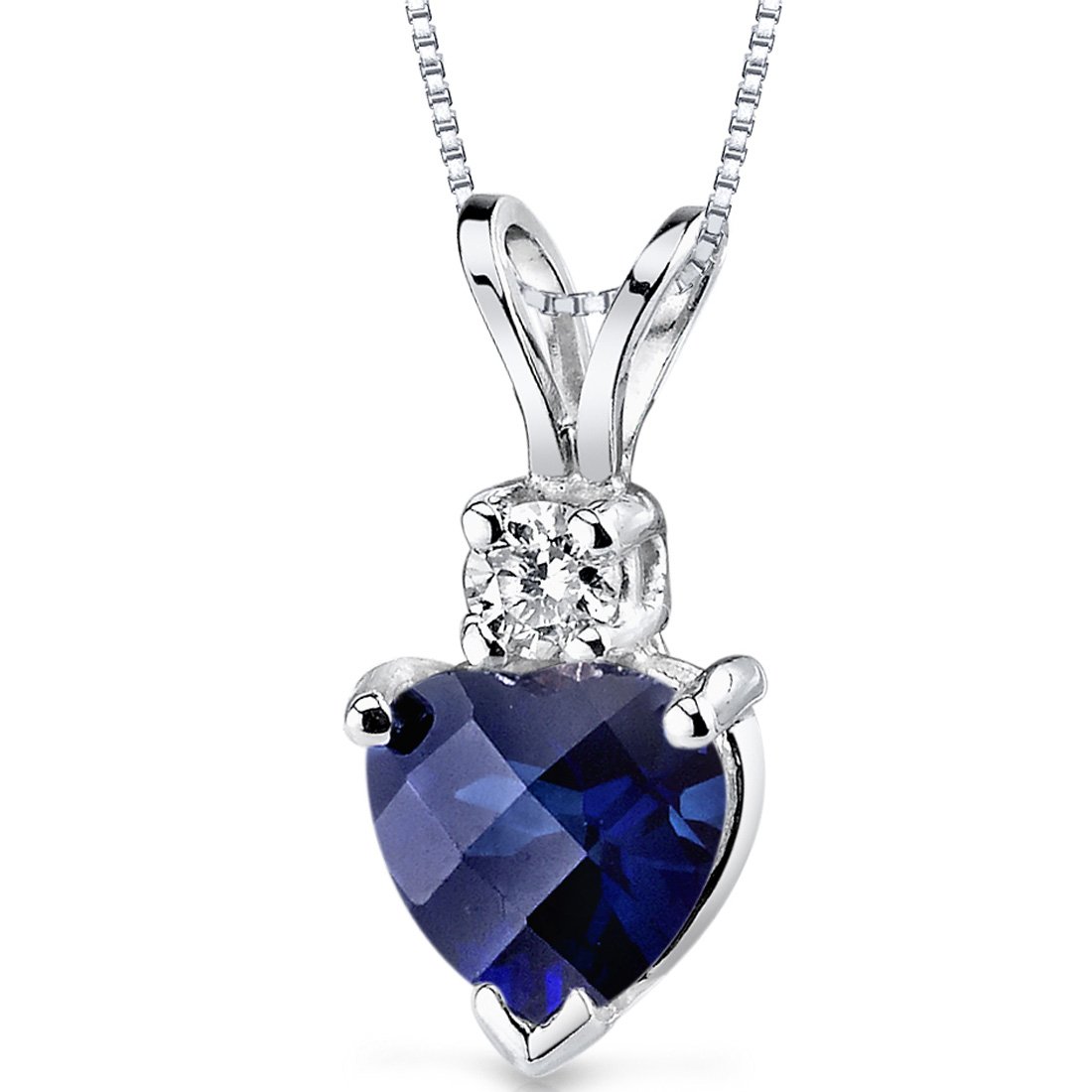 PEORA Solid 14K White Gold Created Blue Sapphire with Genuine Diamond Pendant for Women, Heart Shape Solitaire, 6mm, 1.20 Carats total