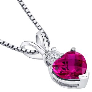 PEORA Solid 14K White Gold Created Ruby with Genuine Diamond Pendant for Women, Heart Shape, 1.17 Carats total