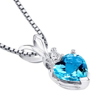 PEORA 14K White Gold Swiss Blue Topaz and Diamond Pendant for Women, Genuine Gemstone Birthstone, AAA Grade Heart Shape Solitaire, 6mm, 1 Carat total