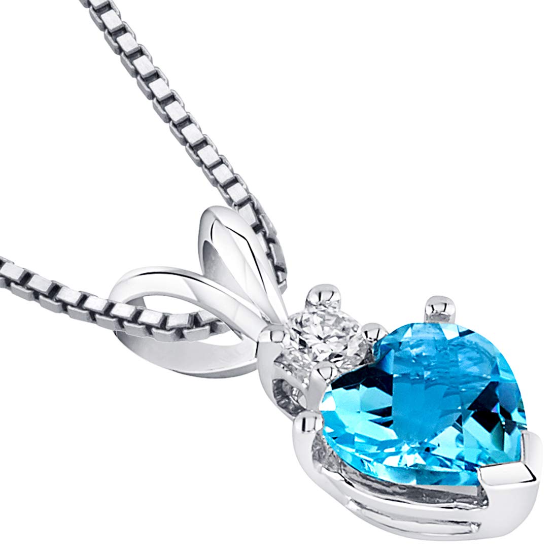 PEORA 14K White Gold Swiss Blue Topaz and Diamond Pendant for Women, Genuine Gemstone Birthstone, AAA Grade Heart Shape Solitaire, 6mm, 1 Carat total