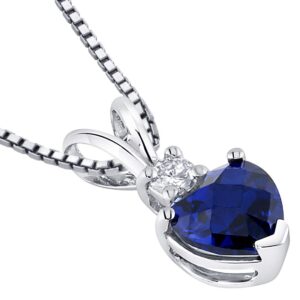 PEORA Solid 14K White Gold Created Blue Sapphire with Genuine Diamond Pendant for Women, Heart Shape Solitaire, 6mm, 1.20 Carats total