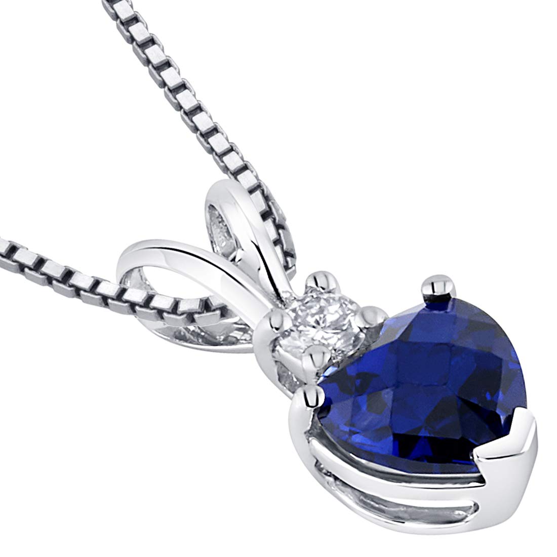 PEORA Solid 14K White Gold Created Blue Sapphire with Genuine Diamond Pendant for Women, Heart Shape Solitaire, 6mm, 1.20 Carats total