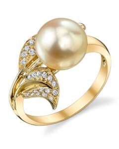 the pearl source 18k gold 9-10mm round genuine golden south sea cultured pearl & diamond eva ring for women