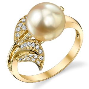 The Pearl Source 18K Gold 9-10mm Round Genuine Golden South Sea Cultured Pearl & Diamond Eva Ring for Women