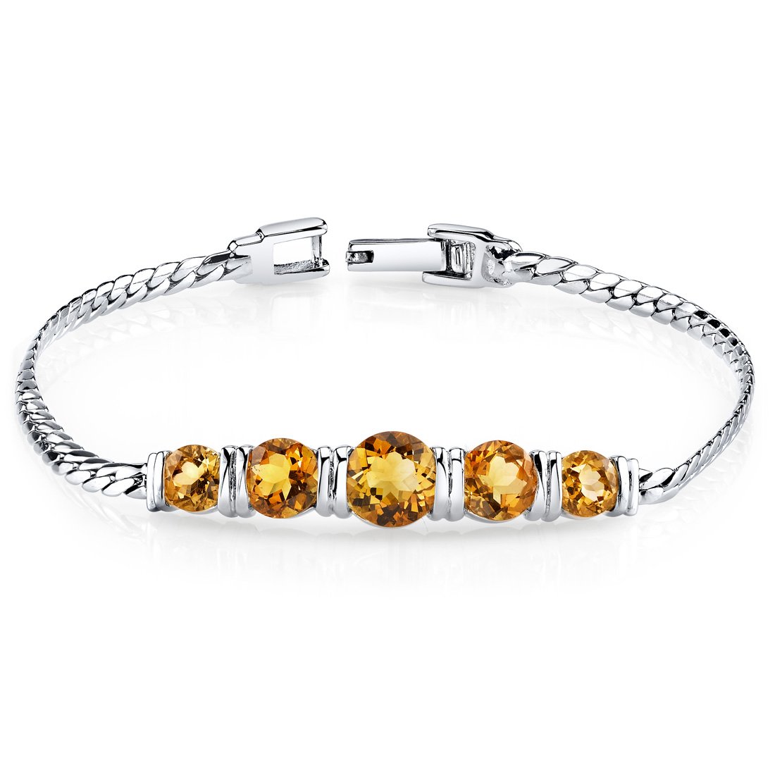 PEORA Citrine 5-Stone Bracelet for Women 925 Sterling Silver, Natural Gemstone Birthstone, 3.75 Carats total Round Shape, 7 1/4 inch length