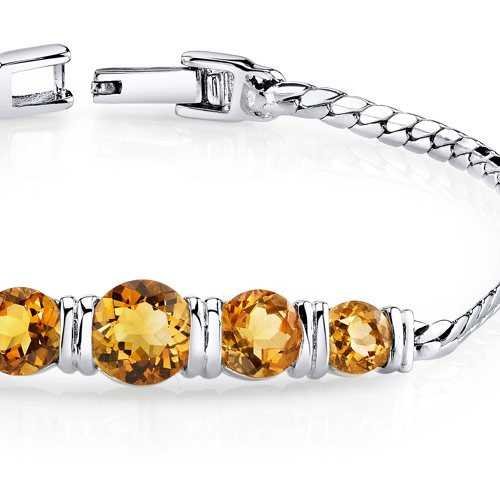 PEORA Citrine 5-Stone Bracelet for Women 925 Sterling Silver, Natural Gemstone Birthstone, 3.75 Carats total Round Shape, 7 1/4 inch length