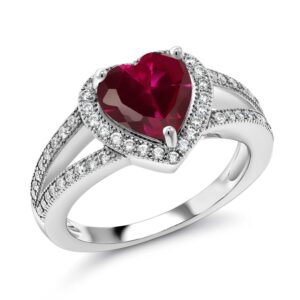 gem stone king 925 sterling silver red created ruby and white moissanite ring for women (2.41 cttw, gemstone july birthstone, heart shape 8mm, available in size 5,6,7,8,9)