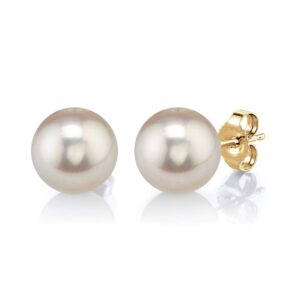 THE PEARL SOURCE 14K Gold 8-9mm Round White Freshwater Cultured Pearl Stud Earrings for Women