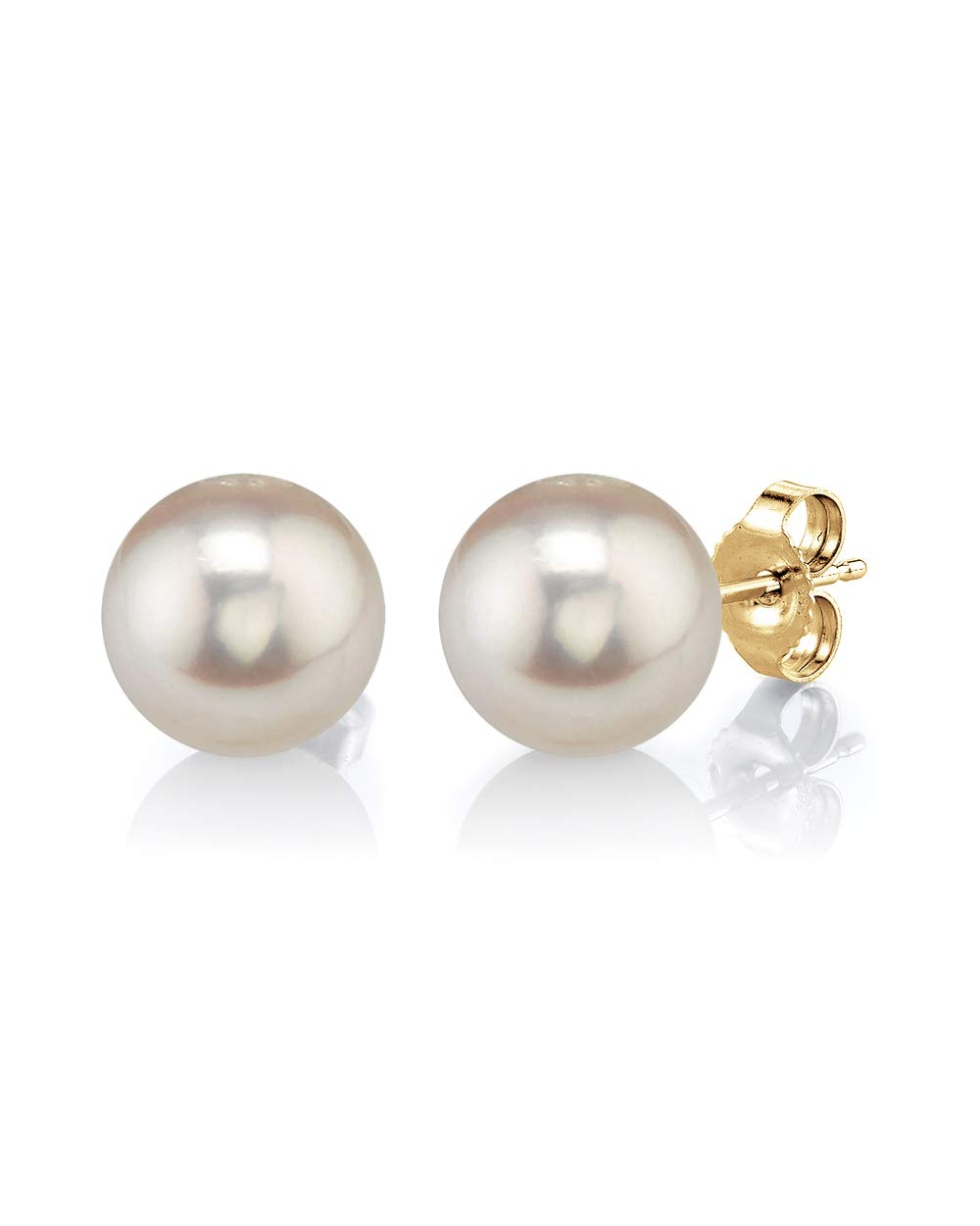 THE PEARL SOURCE 14K Gold 8-9mm Round White Freshwater Cultured Pearl Stud Earrings for Women