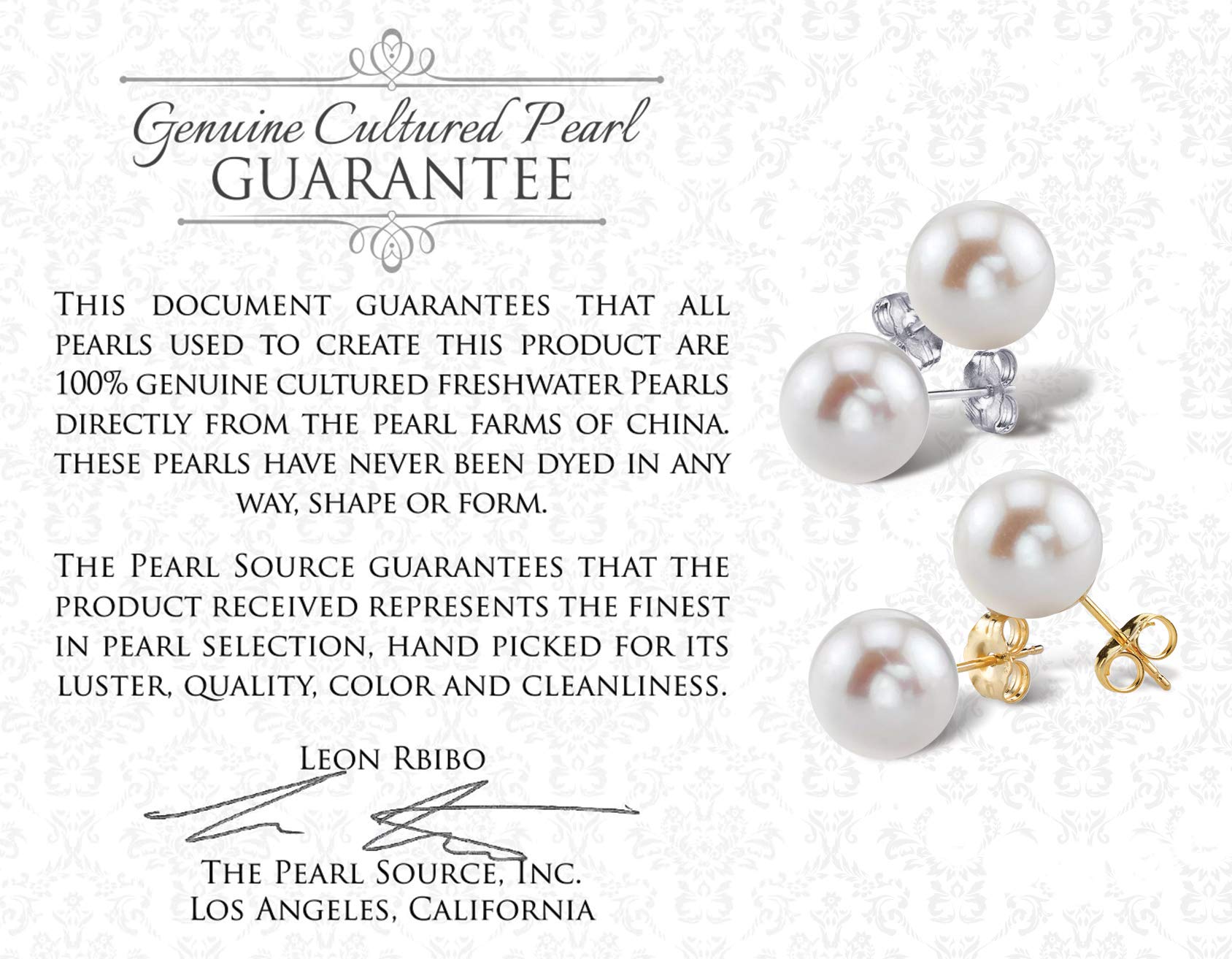 THE PEARL SOURCE 14K Gold 8-9mm Round White Freshwater Cultured Pearl Stud Earrings for Women