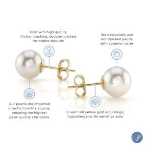 THE PEARL SOURCE 14K Gold 8-9mm Round White Freshwater Cultured Pearl Stud Earrings for Women