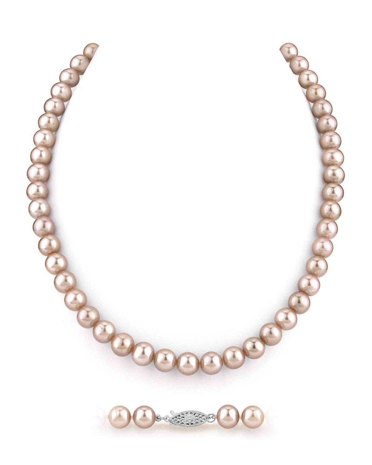 The Pearl Source 7-8mm AAA Quality Round Pink Freshwater Cultured Pearl Necklace for Women in 24" Matinee Length