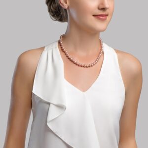 The Pearl Source 7-8mm AAA Quality Round Pink Freshwater Cultured Pearl Necklace for Women in 24" Matinee Length