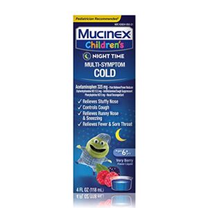 mucinex cold and fever, children's multi-symptom, night time cold liquid, mixed berry, 4oz, reduces fever, controls cough, relieves stuffy nose, "packaging may vary"