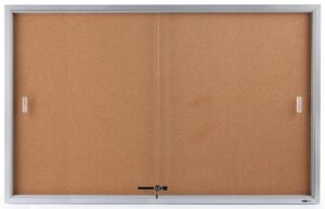 5' x 3' enclosed bulletin board with sliding glass doors, cork board display surface, 60" x 36" message board for wall mount, mounting bracket included, silver, aluminum frame