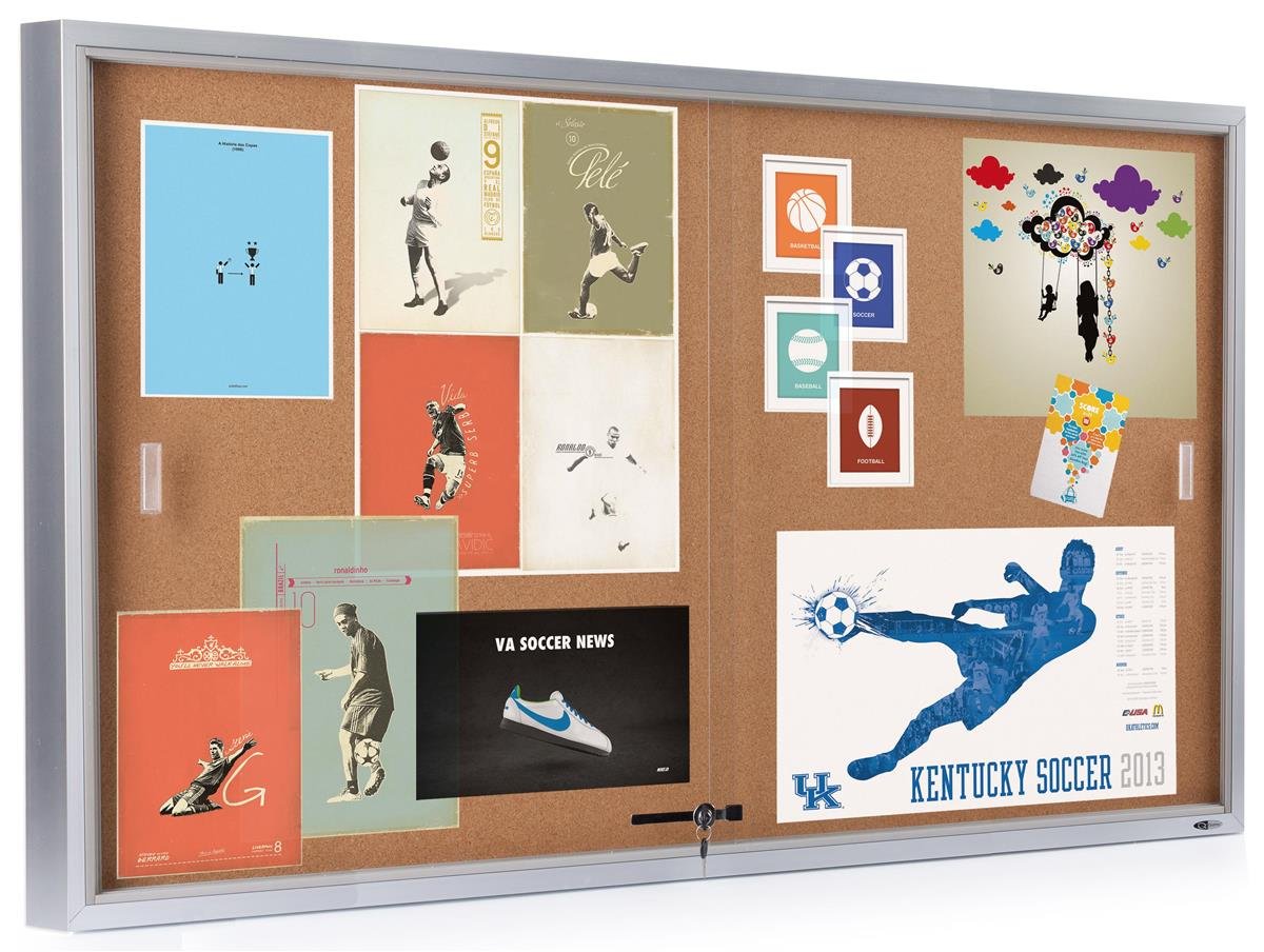 5' x 3' Enclosed Bulletin Board with Sliding Glass Doors, Cork Board Display Surface, 60" x 36" Message Board for Wall Mount, Mounting Bracket Included, Silver, Aluminum Frame