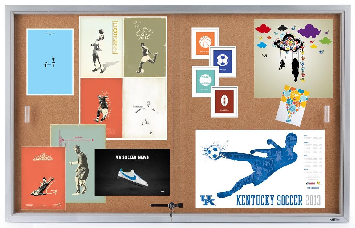 5' x 3' Enclosed Bulletin Board with Sliding Glass Doors, Cork Board Display Surface, 60" x 36" Message Board for Wall Mount, Mounting Bracket Included, Silver, Aluminum Frame