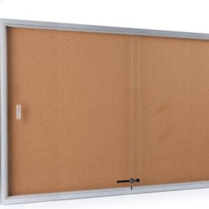 5' x 3' Enclosed Bulletin Board with Sliding Glass Doors, Cork Board Display Surface, 60" x 36" Message Board for Wall Mount, Mounting Bracket Included, Silver, Aluminum Frame